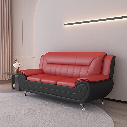 Container Furniture Direct Modern Style Faux Leather Sofa with Extra Comfortable Pillow Top Armrests Ideal for Living Room, Bedroom or Home Office Couch, 79.2ββ Wide, red/Black