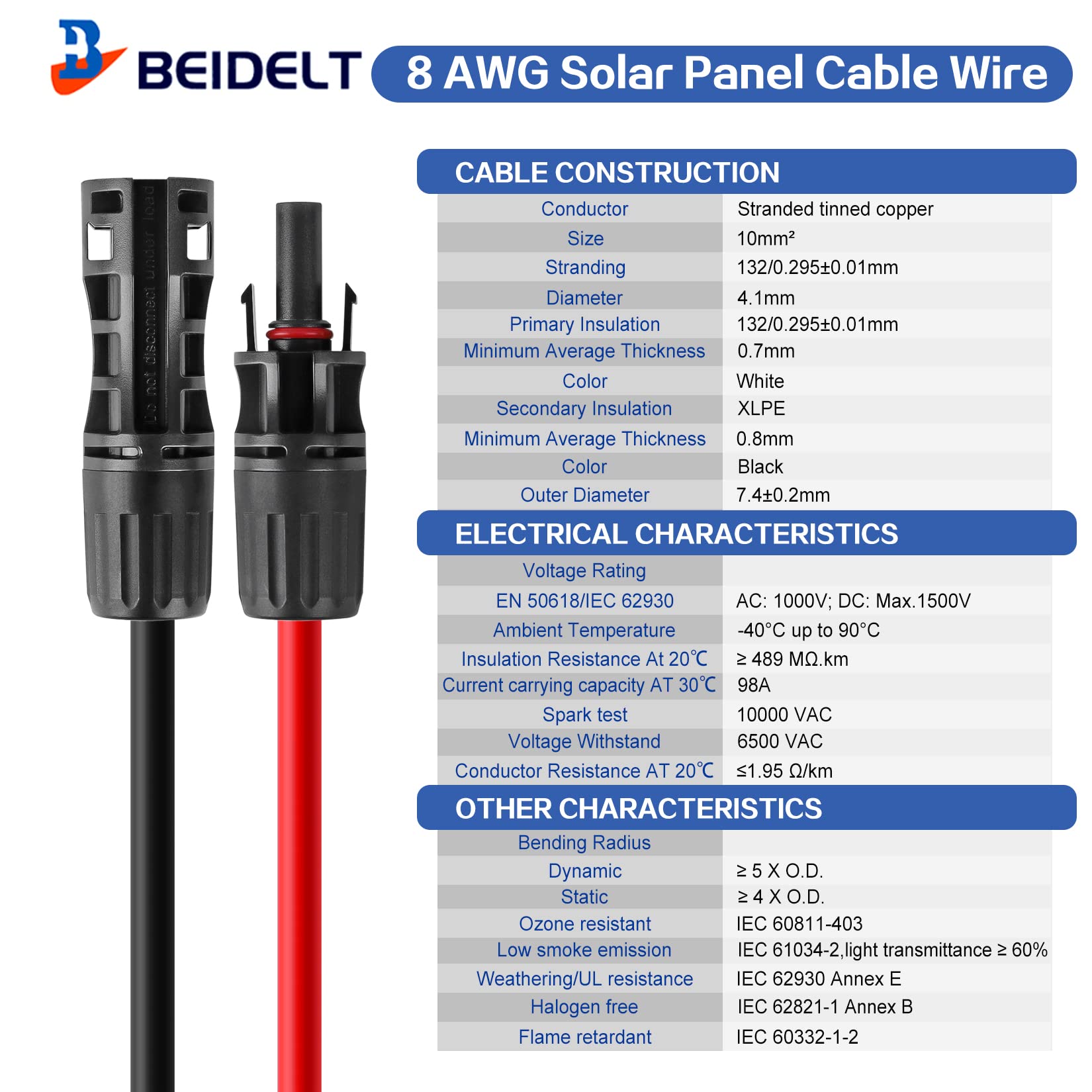 BeideLt Solar Panel Wire- 20FT Black & 20FT Red Tinned Copper Wire, 8AWG(10mm²) Solar Extension Cable with Female and Male Connectort with Adapter Tool Kit,Solar Extension Cable for Solar Panel