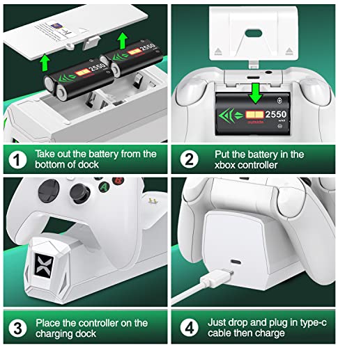 Controller Charger Station with 2x2550mAh Rechargeable Battery Packs for Xbox One/X/S/Elite/Xbox Series X|S, High Speed Charging Dock with 4 Batteries Cover for Xbox One Controller Battery Pack, White