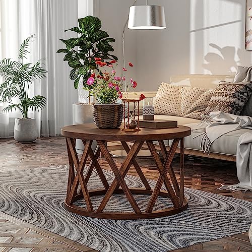 COZAYH Farmhouse Coffee Table, Rustic Round Coffee Table with X-Motifs Legs, Wood Textured Top, for Boho, French Country Decor, Brown