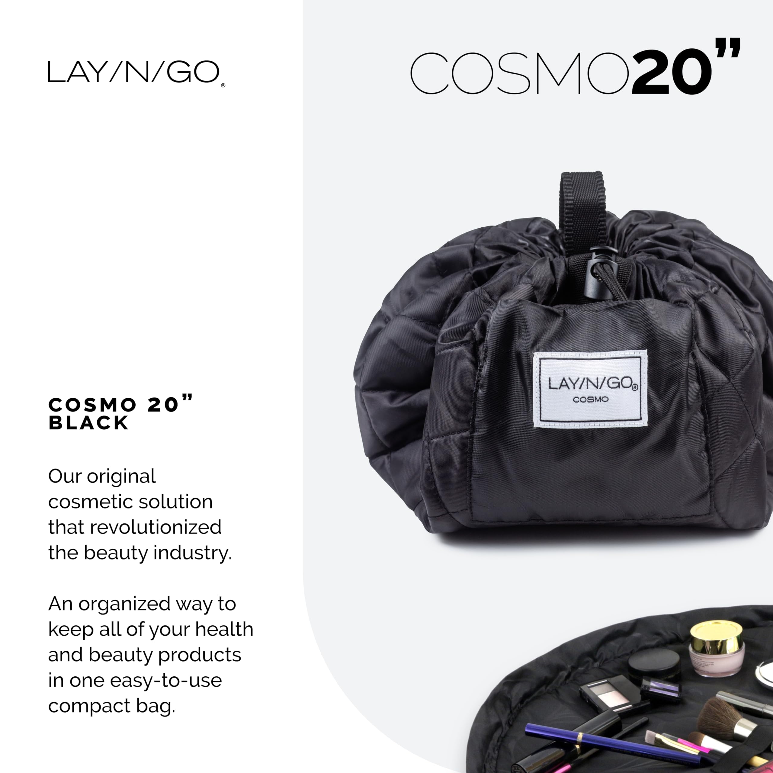 Lay-n-Go Cosmo Drawstring Cosmetic & Makeup Bag Organizer - Portable Drawstring Makeup Bag w/Zipper Pocket, Makeup Loops & More - Durable, Machine Washable Makeup Bag for Travel (20β, Black)