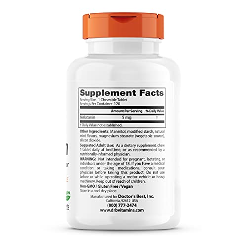 Doctor's Best Melatonin, Helps Promote Healthy Sleep, Jet-Lag, Brain Health & Cognitive Function, Non-GMO, Vegan, Gluten Free, 5 Mg, 120 Chewable Tablets
