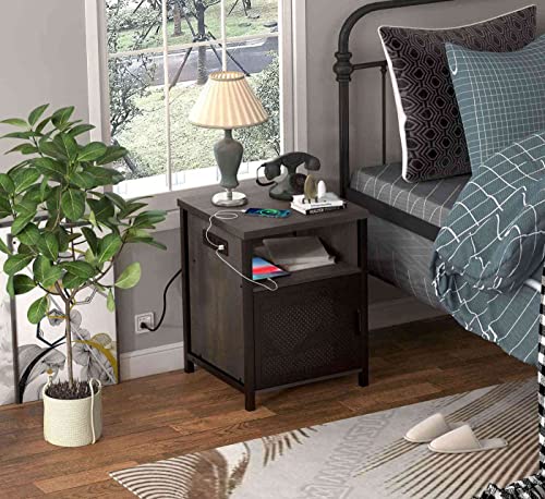 FATORRI Industrial TV Stand, Coffee Table and End Table with Charging Station for Living Room (Walnut Brown)