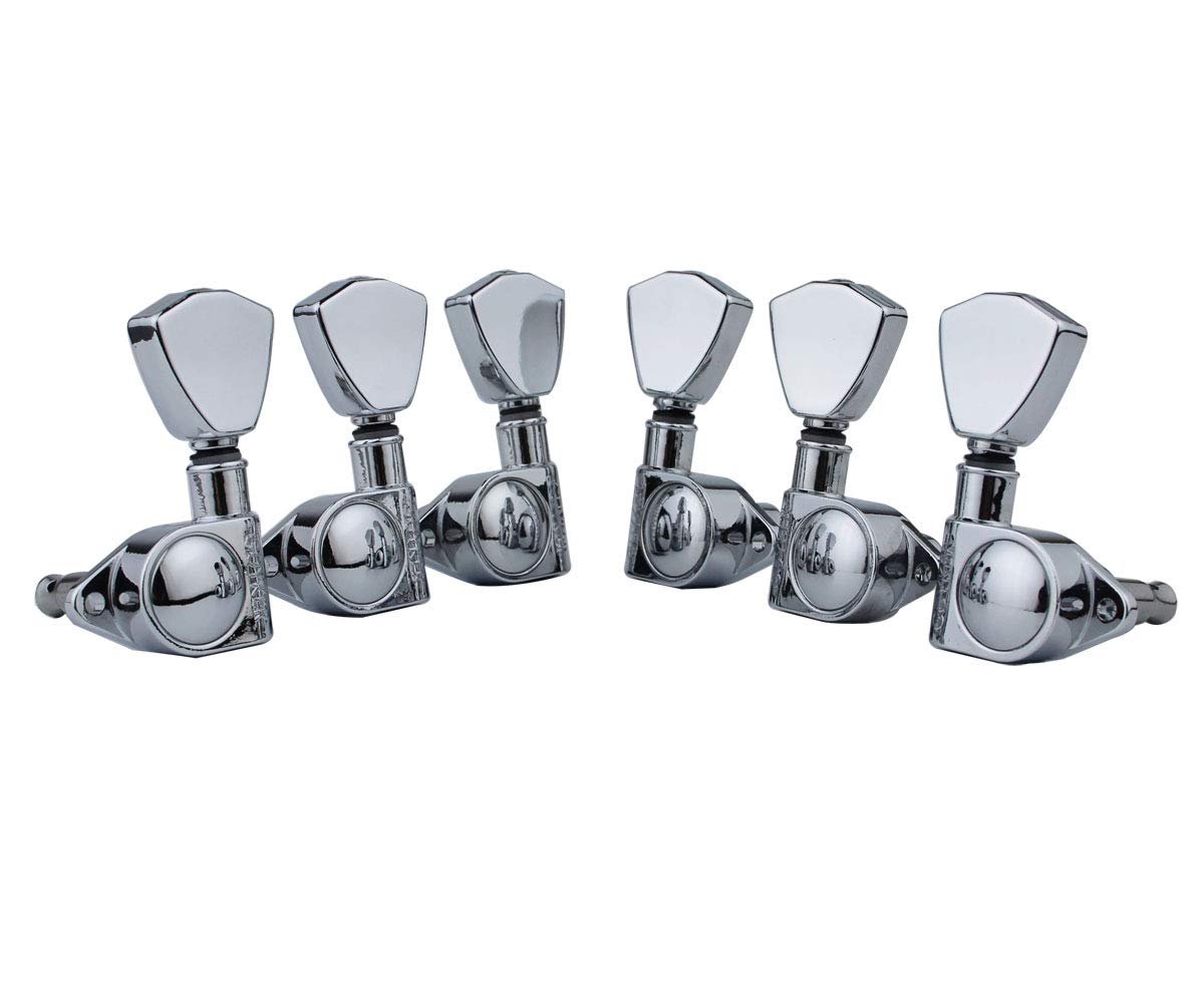 Guyker Guitar Machine Heads (3L + 3R Handed) β 1:21 Sealed Tuners Tuning Key Pegs with Trapezium Button Replacement for Electric, Folk or Acoustic Guitars β Chrome, GK104