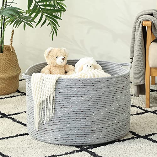 KAKAMAY Large Cotton Rope Blanket Basket (20"x13"),Woven Baby Laundry Hamper,Blanket Basket for Nursery, Laundry, Living Room, Pillows, Toys with Handles (White/Beige/Grey)
