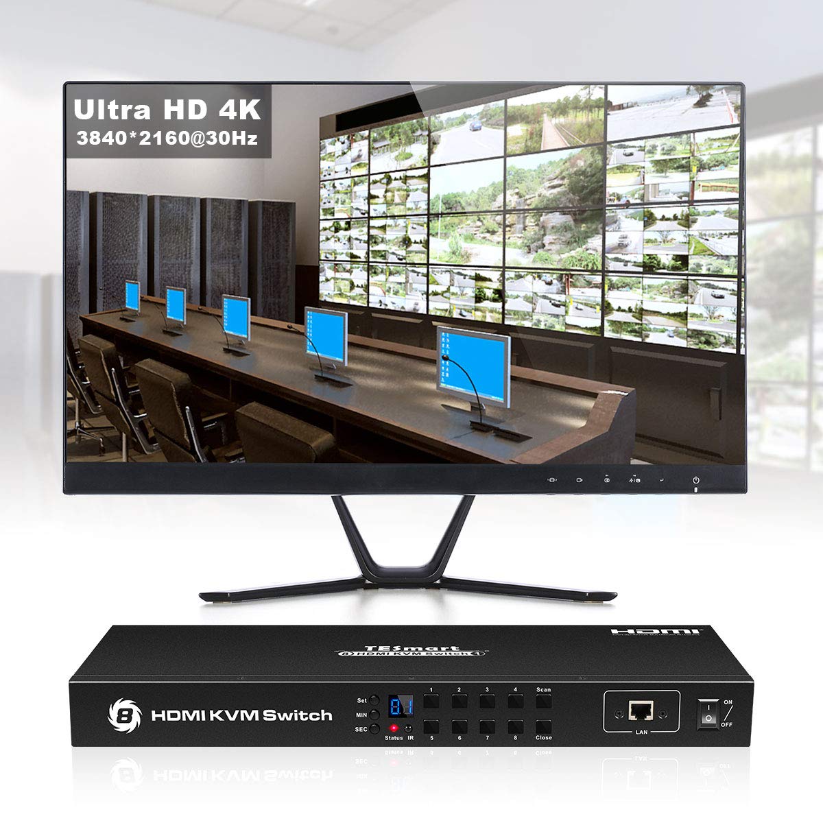 TESmart 8 Port HDMI KVM Switch 4K @ 30Hz with Standard USB 2.0, IR Remote Control | RS232 | LAN Port | Auto-Scan, etc with Rack Mount 4 Pcs 5ft/1.5m KVM Cable