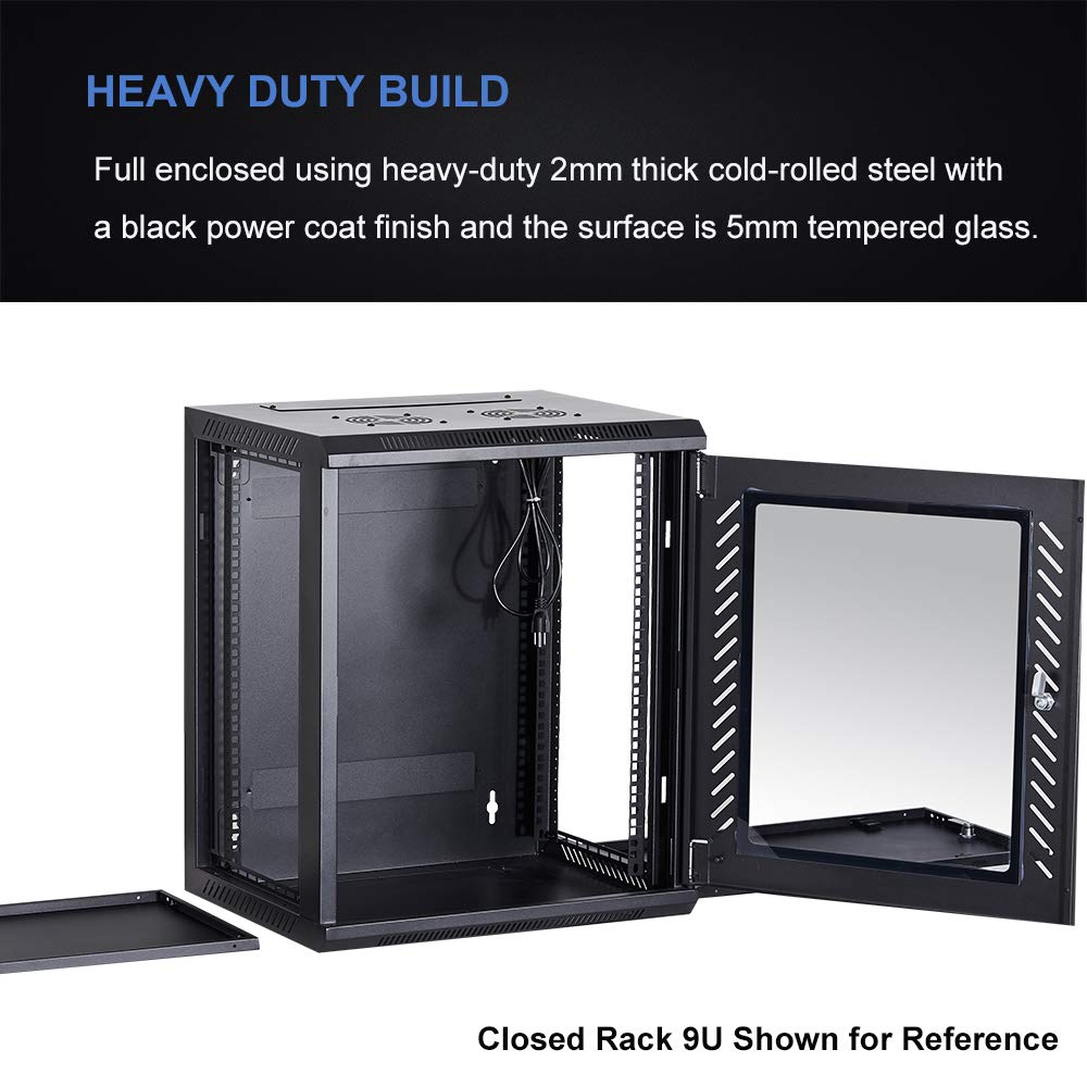 KENUCO 9U Wall Mount Rack Server Cabinet Data Network Enclosure 19-Inch Server Network Rack with Locking Glass Door 16-Inches Deep (Black 9U)