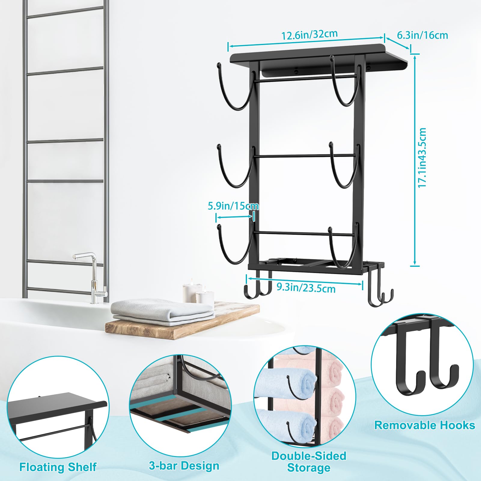 Wall Mounted Towel Rack for Rolled Towels, Oppro Double-Sided Wall Towel Storage for Small Bathroom with Shelf & Hooks, Upgrade Bath Towel Racks Holds 6 Large Size of Rolled Towel, Black