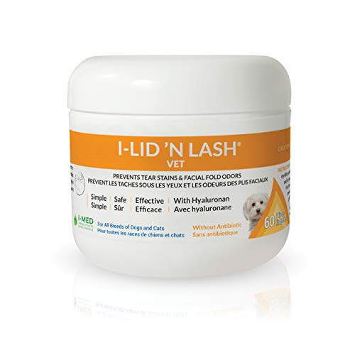 I-LID ’N LASH Vet Dog Eye Wipes - Best Tear Stain Remover for Dogs (60 Wipes) | Prevents Puppy Tear Stains with Hyaluronan | Cat Eye Wipes for Discharge - No Antibiotics or Harmful Chemicals