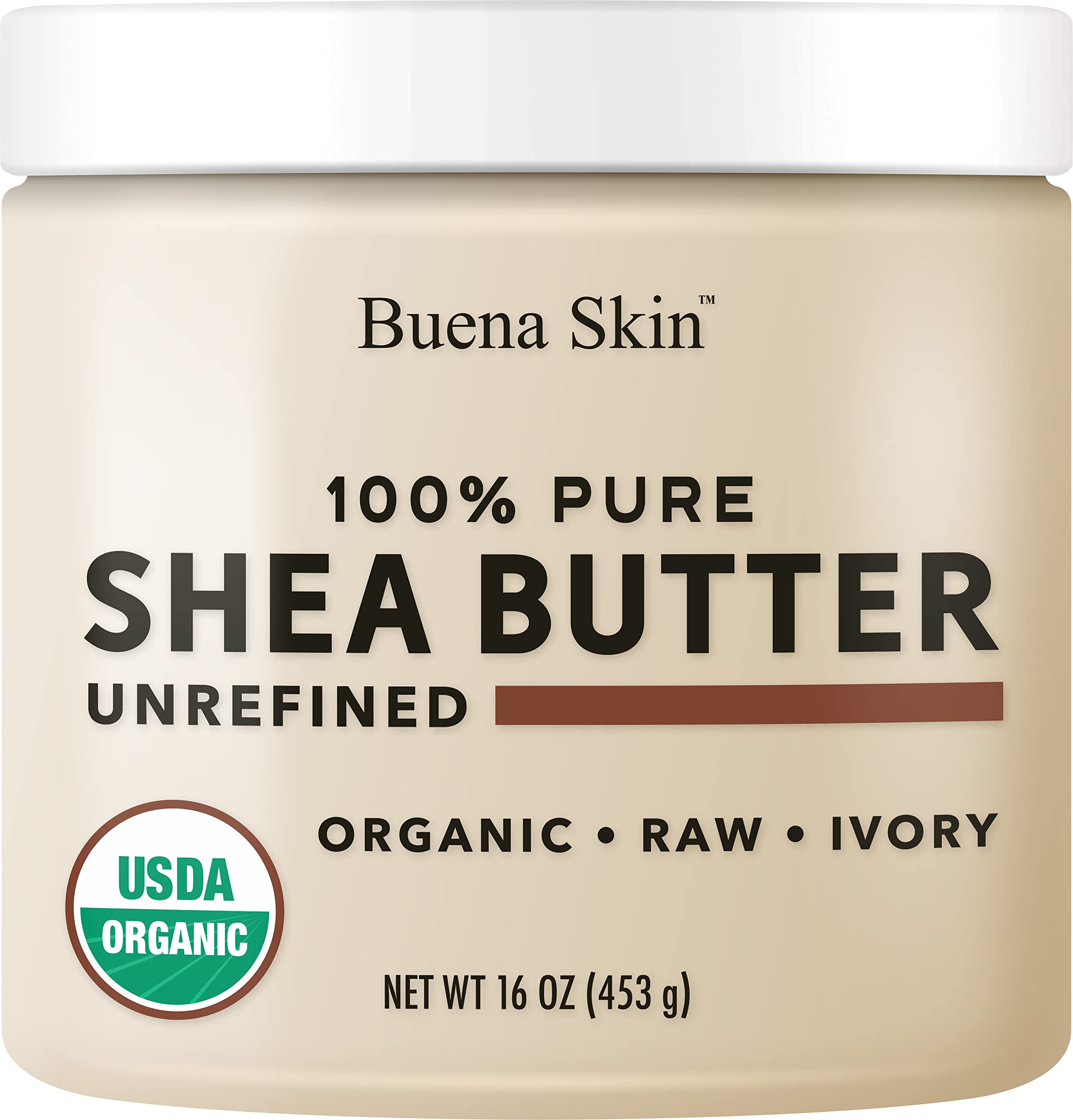 PURE Shea Butter - Raw African Organic Grade A Ivory Unrefined, Cold-Pressed - Great To Use Alone or DIY Body Butters, Lotions, Soaps, Eczema & Stretch Mark Products, From Ghana - By Buena Skin 16 oz