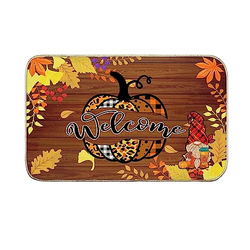 Fall Door Mat, Pumpkin Welcome Mats Outdoor for Front Door, Gnome Maple Leaves Sunflower Non Slip Farmhouse Autumn Doormat Indoor Entryway Floor Rug for Entrance Outside Entry Home Decor 17âx29â