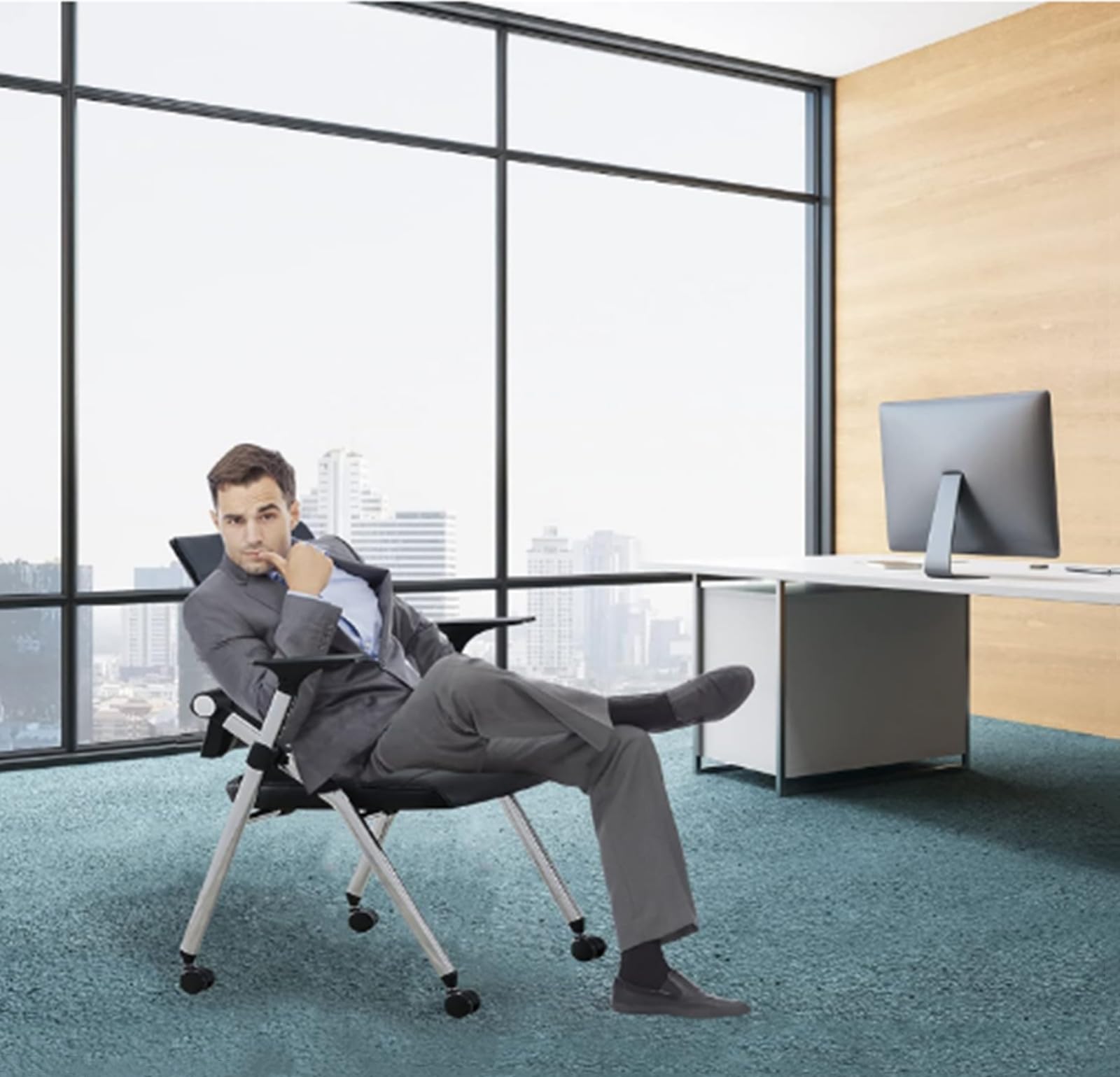 Buokaiw Foldable Office Chair,Folding Desk Chair with Wheels, 360 ° Rotation Leather Conference Training Chairs,Portable Padded Office Chairs. Backrest Bouncy,Black(1 Pcs)