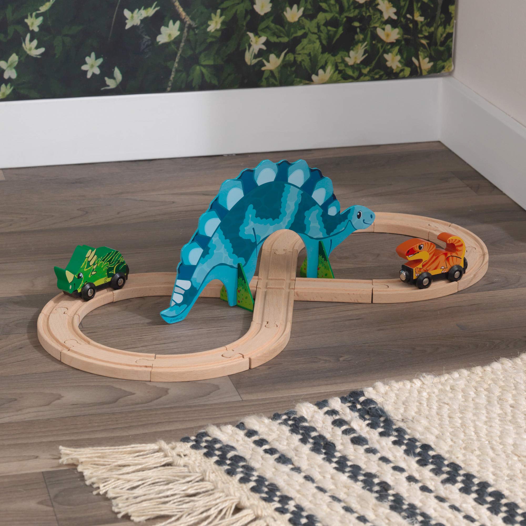 KidKraft Adventure Tracks™: Dino World T-Rex Tremor Cave 15-pc. Wooden Train Track and Vehicle Play Set, Gift for Ages 3+