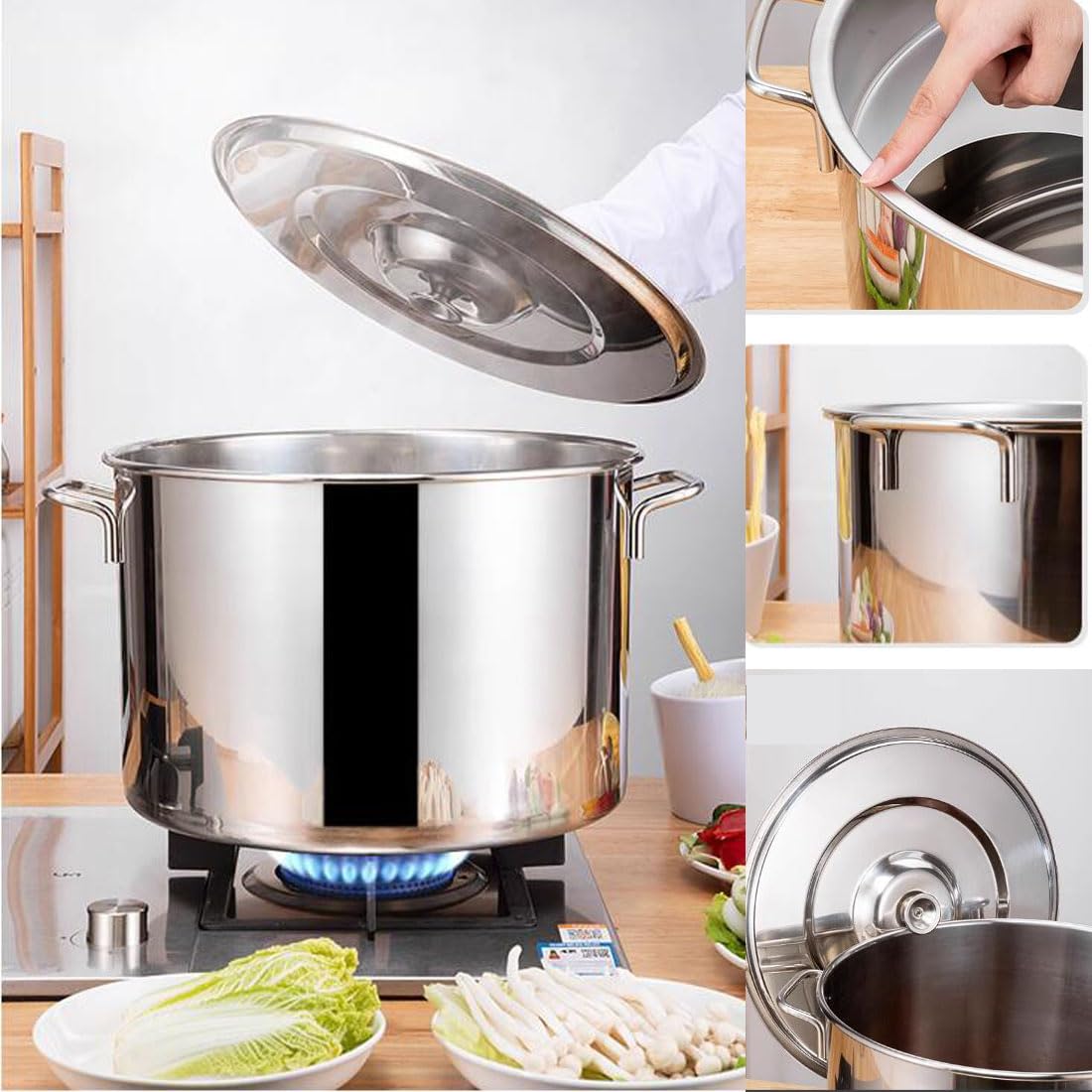 Buokaiw Pasta Cooker with Strainer,Stainless Steel Pasta Cooker Insert Set, Multipots Cooking Tool,Stock Pot with Lid, 3 Holes Pasta Basket for Boiling.for Kitchen Cooking Multiple