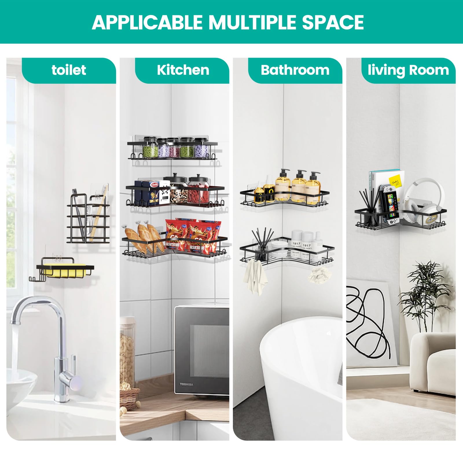 Bilillo Corner Shower Caddy, 5-Piece Adhesive Rustproof Wall Mounted Shower Storage Rack, with Soap Holder and Toothbrush Holder, No Drilling, Used for Organization Storage in Kitchen and Bathroom