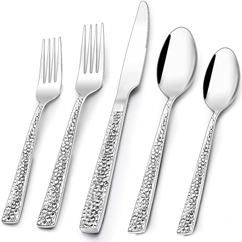 Hammered Silverware Set, Paincco 40-Piece Stainless Steel Square Flatware Set for 8, Tableware Cutlery Set, Utensil Set for Home Restaurant, Includes Fork Knife Spoon, Modern Design, Dishwasher Safe