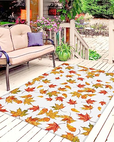 Fall Maple Leaf Outdoor Area Rug 4'x6',Patio Balcony Porch Front Door Camping Camper Deck Runner Rug,Washable Carpet Indoor Living Room/Kitchen,Hallway Floor Mat Thanksgiving Autumn Orange Leaves