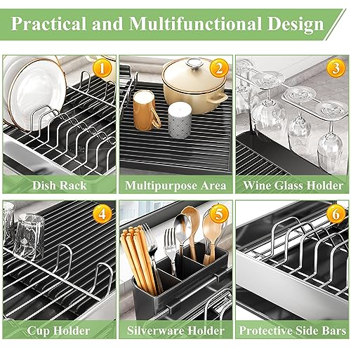 Dish Drying Rack - Expandable Dish Rack - Large Stainless Steel Dish Dryer Racks for Kitchen Counter with Wine Glass Holder, Cutlery Holder, Black