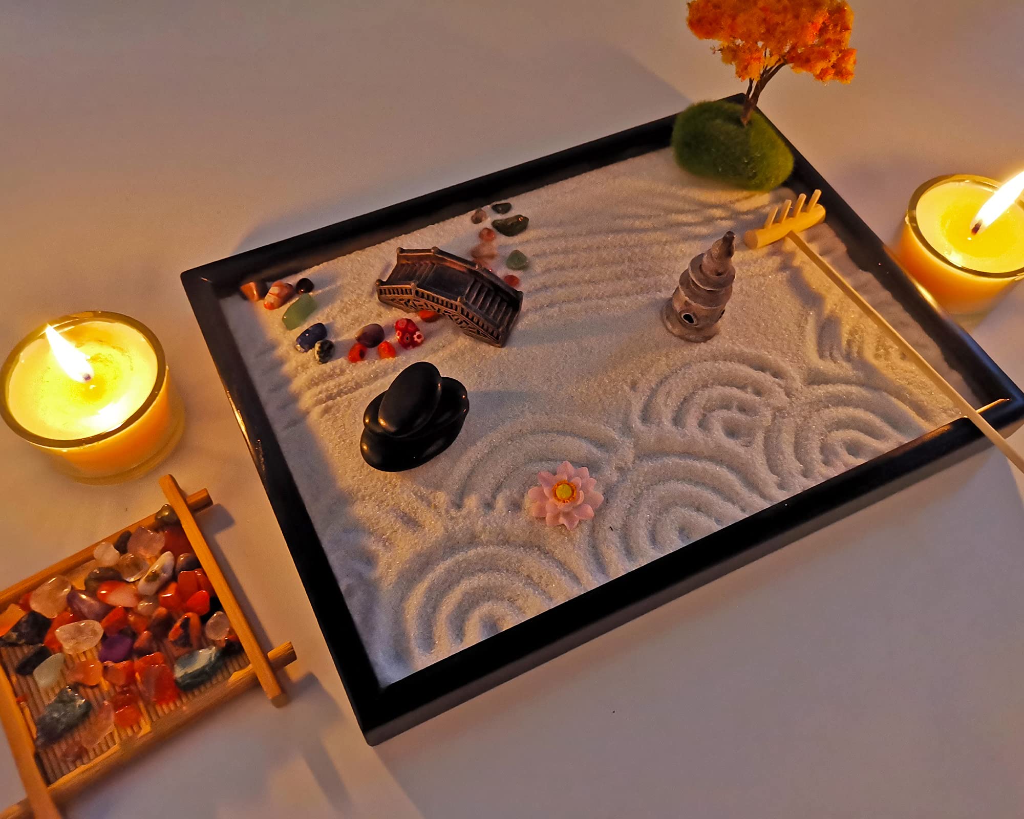 Japanese Zen Garden Kit - Mini Garden with Rock Bridge Pagoda Maple Trees Agate Stones - Meditation Gift Set for Relaxation - Home & Office Desk Decor with Rake Tools and Zen Accessories,Black