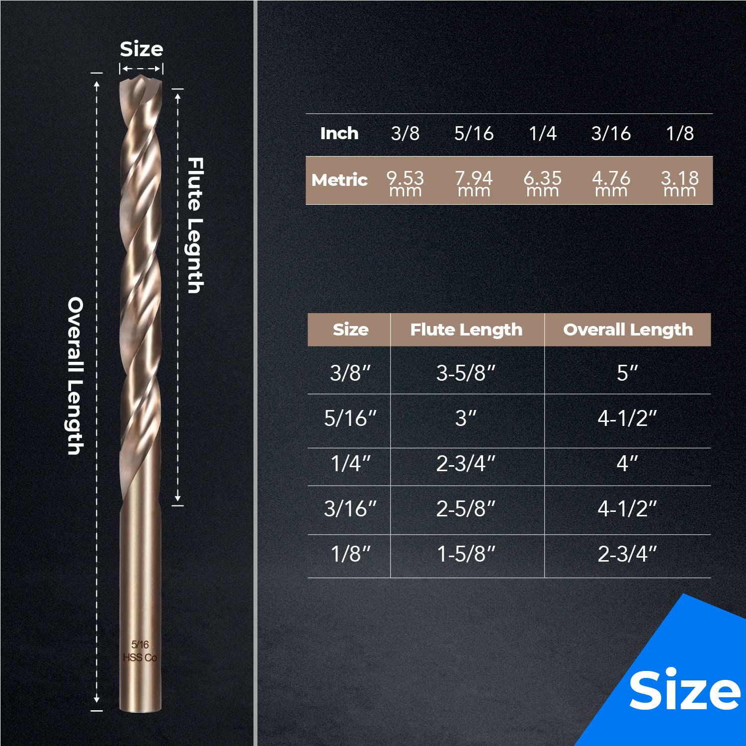 AugTouf 3/8" Tri-Blade Tip Cobalt Drill Bits(5Pcs), M35 High Speed Steel Jobber Length Twist Drill Bit Set for Hardened Metal, Stainless Steel and Cast Iron