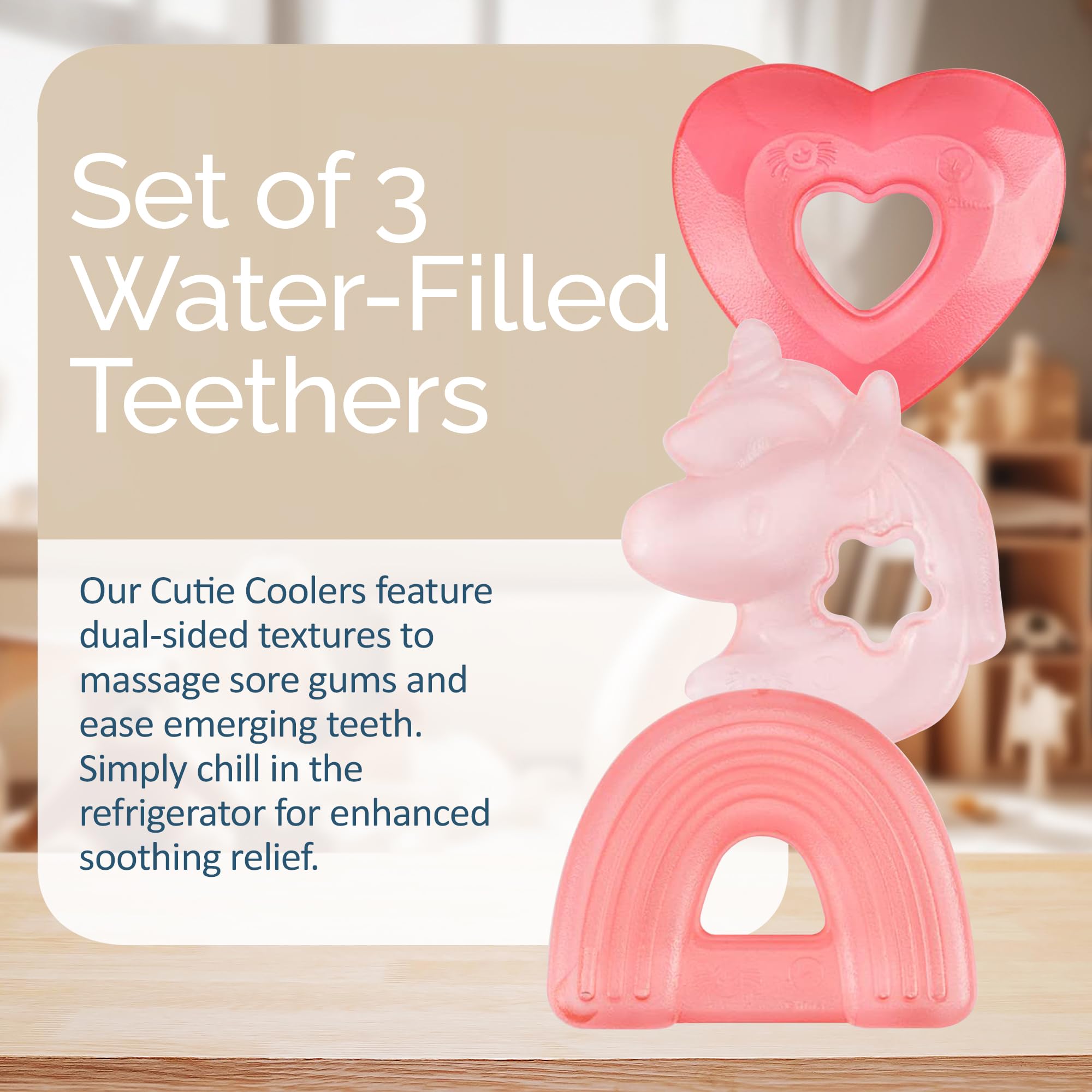 Itzy Ritzy Water-Filled Teethers - Cold Cutie Coolers Textured On Both Sides to Massage Sore Gums & Emerging Teeth - Can Be Chilled in Refrigerator, Set of 3 Coordinating Pink Unicorn Water Teethers