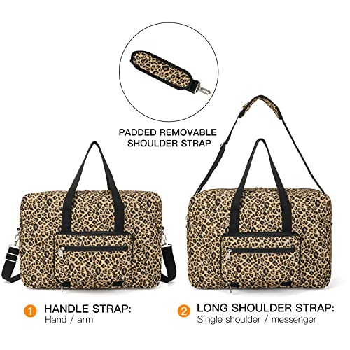 EXYANGEE Foldable Travel Duffel Bag, Medium Women's Weekender and Overnight bag carry on Luggage bag for Women and Girl(leopard)