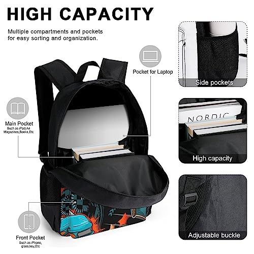 DamTma Cartoon Grunge Car Backpack Set 3 Piece Bookbags Lunchbox Pencil Case Laptop Backpack Travel Backpack 3pcs Backpack