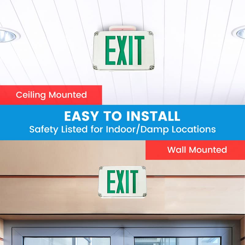 Ciata Green LED Emergency Exit Sign for Fire Escapes, Doors, and Hallways, Indoor and Outdoor Safety, Waterproof Wet Rated, Battery Backup, Universal Wall or Ceiling Mount