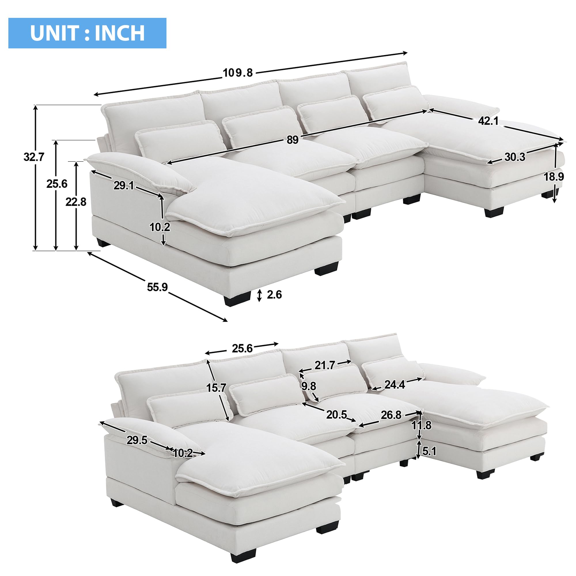 GNIXUU 109.8β Sectional Sofa Cloud Couch for Living Room, Modern Chenille Large Overstuffed U Shaped Couch, Comfy Modular Sofa Sleeper with Double Chaise & Cushions(White)