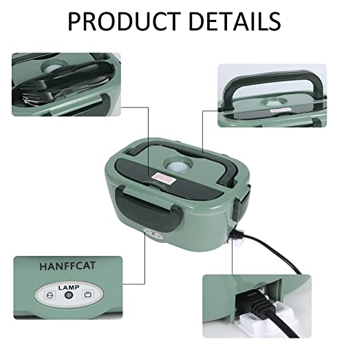 HANFFCAT Electric Lunch Box, Portable Box Food Heater Leak-Proof Sealing Ring Waterproof And For Car、Truck Work 12v 110v 55w ,Stainless Steel Container Spoon Fork、Handbag, Green (DRFH-02)
