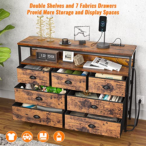Dresser TV Stand with Power Outlets, Console Sofa Table with 7 Fabric Drawers and Shelves, Nightstand Set 2 with 2 Fabric Drawers, End Table with Open Wood Shelf, Side Table for Bedroom, Living Room