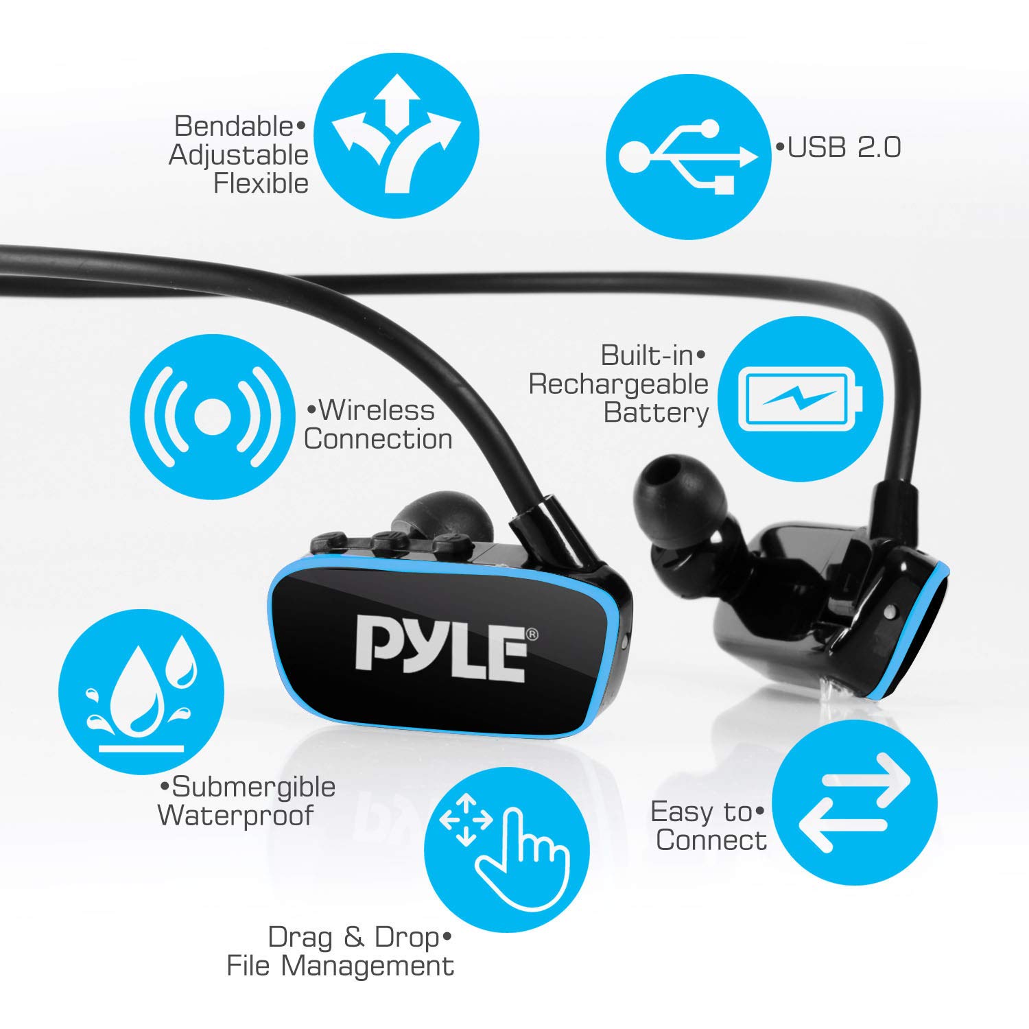 Pyle Waterproof MP3 Player Swim Headphone-Submersible IPX8 Flexible Wrap-Around Style Headphones Built-in Rechargeable Battery USB Connection w/4GB Flash Memory&Replacement Earbuds-Pyle PSWP6BK