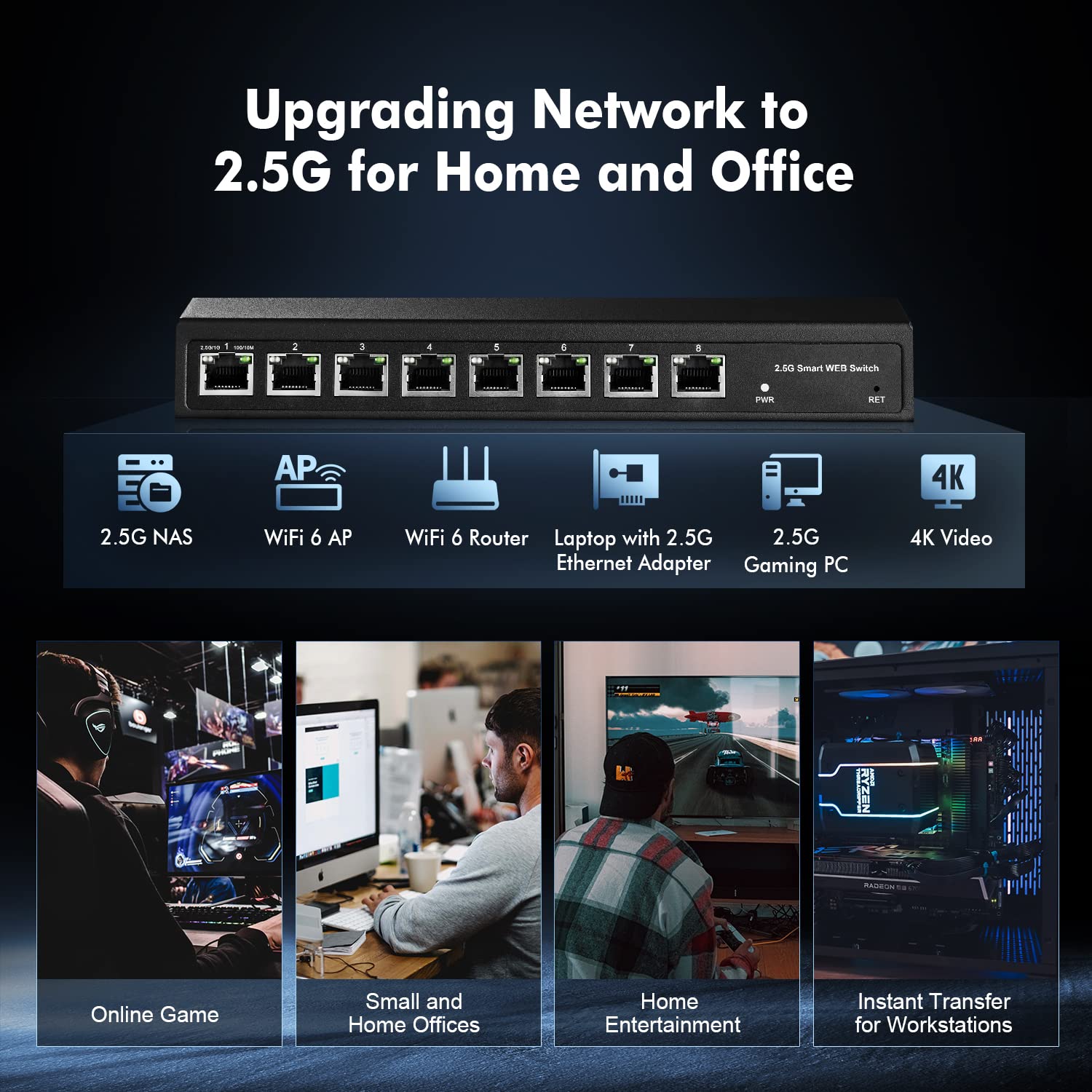 Binardat 8 Port 2.5G Managed Switch, 8 x 2.5 Gigabit RJ-45 Base-T Ports, Web Managed Multi-Gigabit Desktop Ethernet Switch