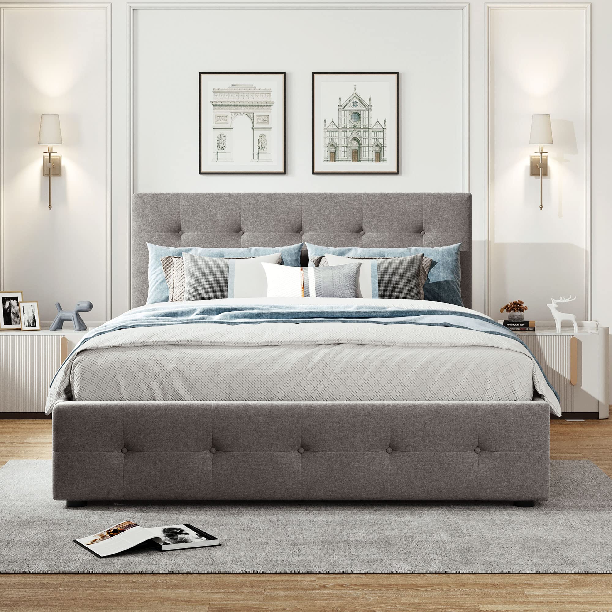 Bellemave Queen Size Platform Bed, Queen Linen Fabric Upholstered Platform Bed Frame with 2 Storage Drawers and 1 Twin XL Trundle, Ideal Bedroom Furniture, No Box Spring Needed (Light Gray)