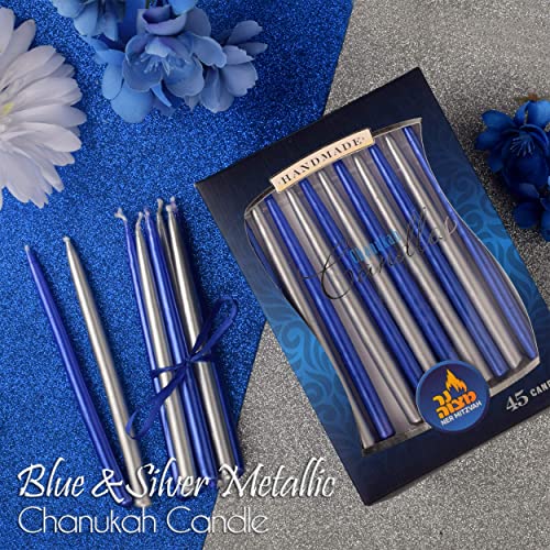 Dripless Chanukah Candles Standard Size - Metallic Blue & Silver Hanukkah Candles Fits Most Menorahs - Premium Quality Wax - 45 Count for All 8 Nights of Hanukkah - by Ner Mitzvah