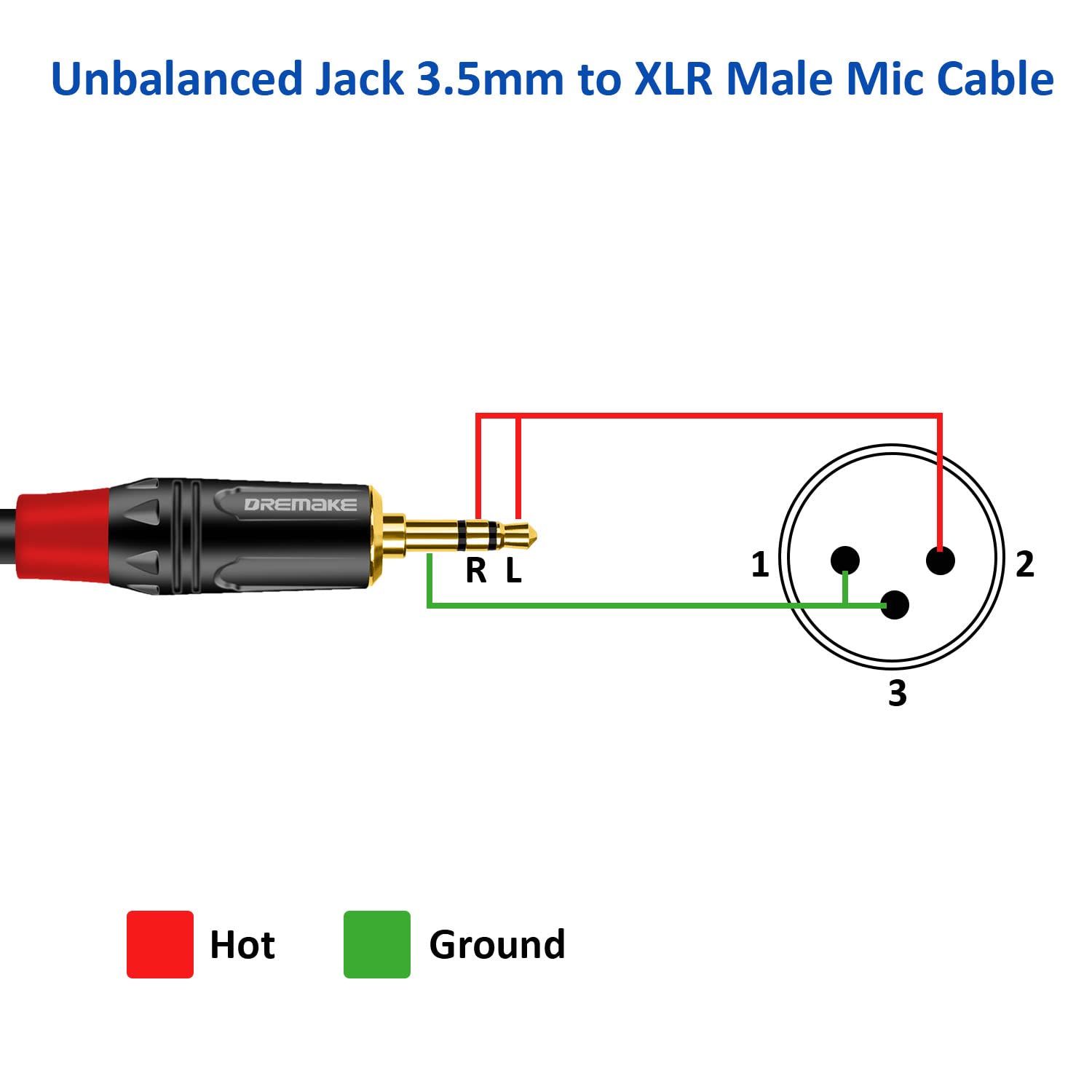 DREMAKE Male XLR to 3.5mm Audio Stereo Cable 6FT, Unbalanced 3.5mm to 3-Pin XLR Male Microphone Cable, Jack 3.5mm 1/8'' to XLR Patch Cable for Computer, Video Camera, Equalizer, Powered Amplifier