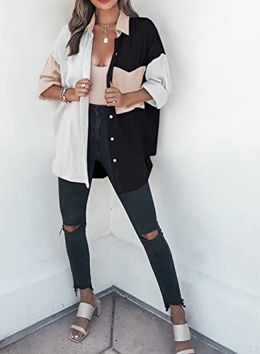 Dokotoo Women's Comfy Color Block Button-Up Shirt, Roll-Up Long Sleeve, Soft Oversized Boyfriend Top, Beach Cover, Black XL