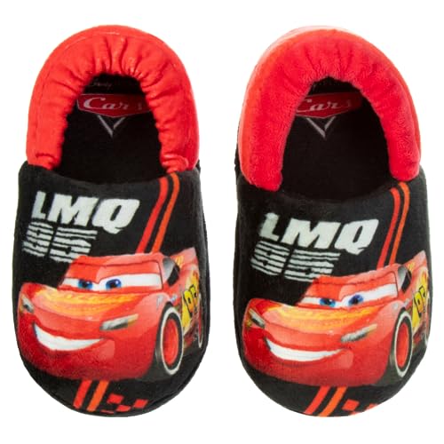 Disney Pixar Cars Lightning McQueen Slippers - Boys PJ House Shoes Pajama Indoor Warm Kids Slipper - Black Red (size 5-6 Toddler)