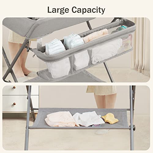 Maydolly Diaper Changing Table with Wheels, Foldable Nursery Organizer - Adjustable Height Changing Station with Large Storage Racks for Newborn Baby and Infant, Gray