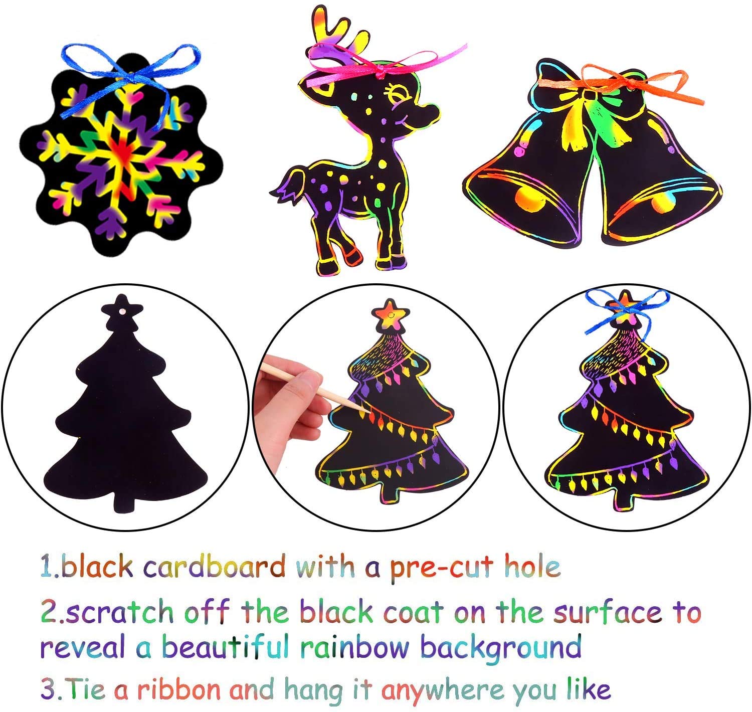 FINGOOO Scratch Art for Kids,48 Christmas Rainbow Scratch Paper Art Set with 12 Wooden Stylus Xmas Craft Decor