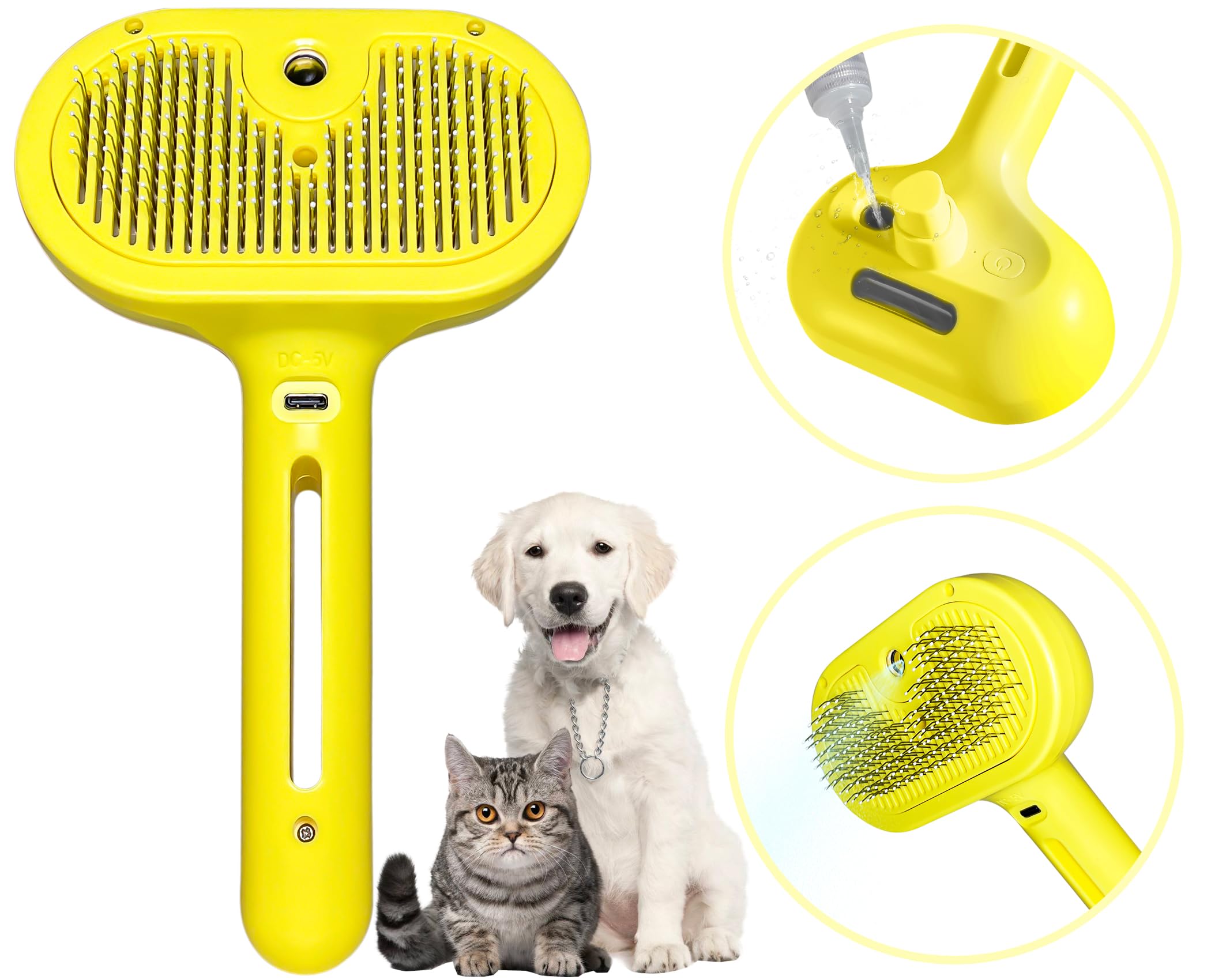 CityinSky Cat Brush for Shedding - Pet Hair Removal Comb with Water Tank, Steam Brush, Cat Bath Brush, Dog Brush - Yellow