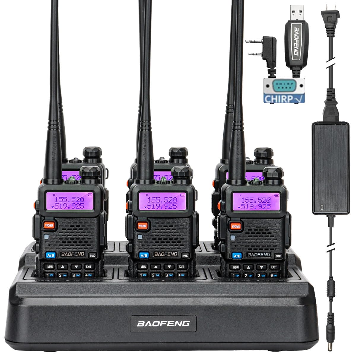BAOFENG UV-5R 8W High Power Radio Long Range Walkie Talkie FCC ID Handheld Two Way Radio with 6 Way Multi Gang Charger,Programming Cable,6Pack