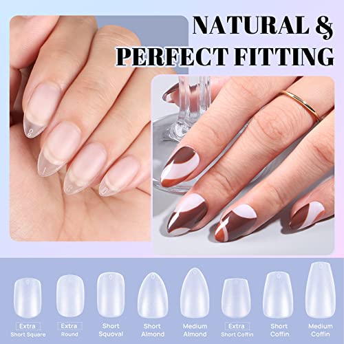 Ejiubas Gel Nail Kit - 300PCS Pre-buff Short Almond Gel Nail Tips, 15ML Long-Lasting Solid Gel with Portable Nail Lamp, Acrylic Nail Kit Gel Extension Set for Diy Home Manicure