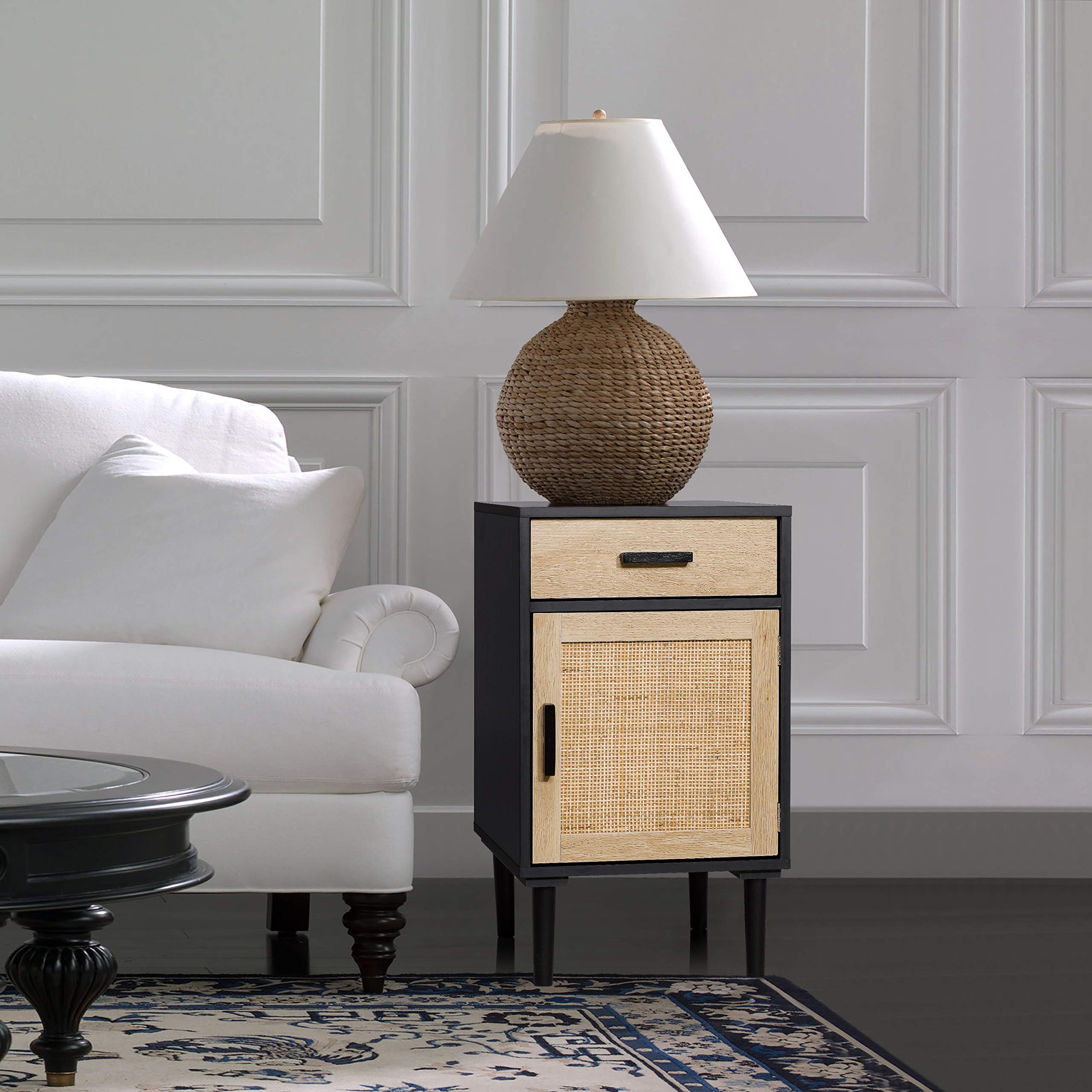 Finnhomy Tall Nightstands Set of 2, Night Stand, Bedside Table Set of 2 with Drawer and Shelf, Hand Made Rattan Decorated Doors, Nightstands with Storage for Bedroom, Black, 2 Pack