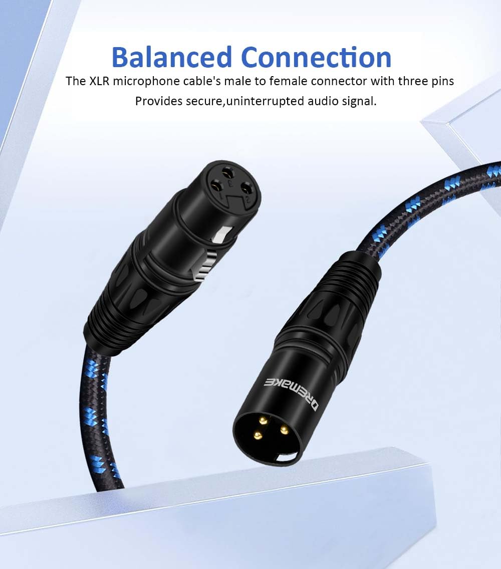 DREMAKE XLR Mic Cable, 33 Foot Balanced XLR 3Pin Male to Female Microphone Patch Cable for Live Sound & Stage, Studio Harmonizer, Mixing Board, Patch Bay, Preamp, Speaker System - Black/Blue Tweed