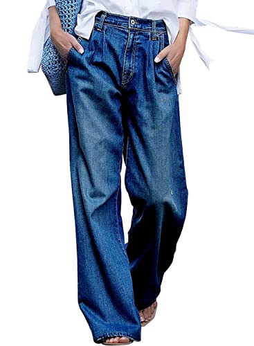 EVALESS Womens Fashion Wide Leg Jeans Boyfriend High Waist Baggy Jeans Summer Loose Y2K Streetwear Denim Pants Blue 12