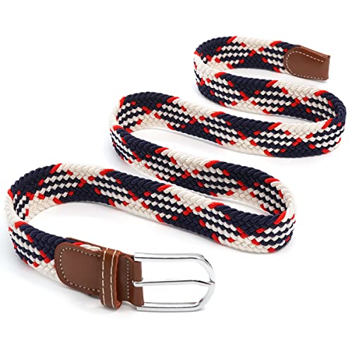 BAOKELAN Canvas Elastic Belts for Men Woven Stretch Braided Waist Belt for Women Jeans Dress Blue White Red