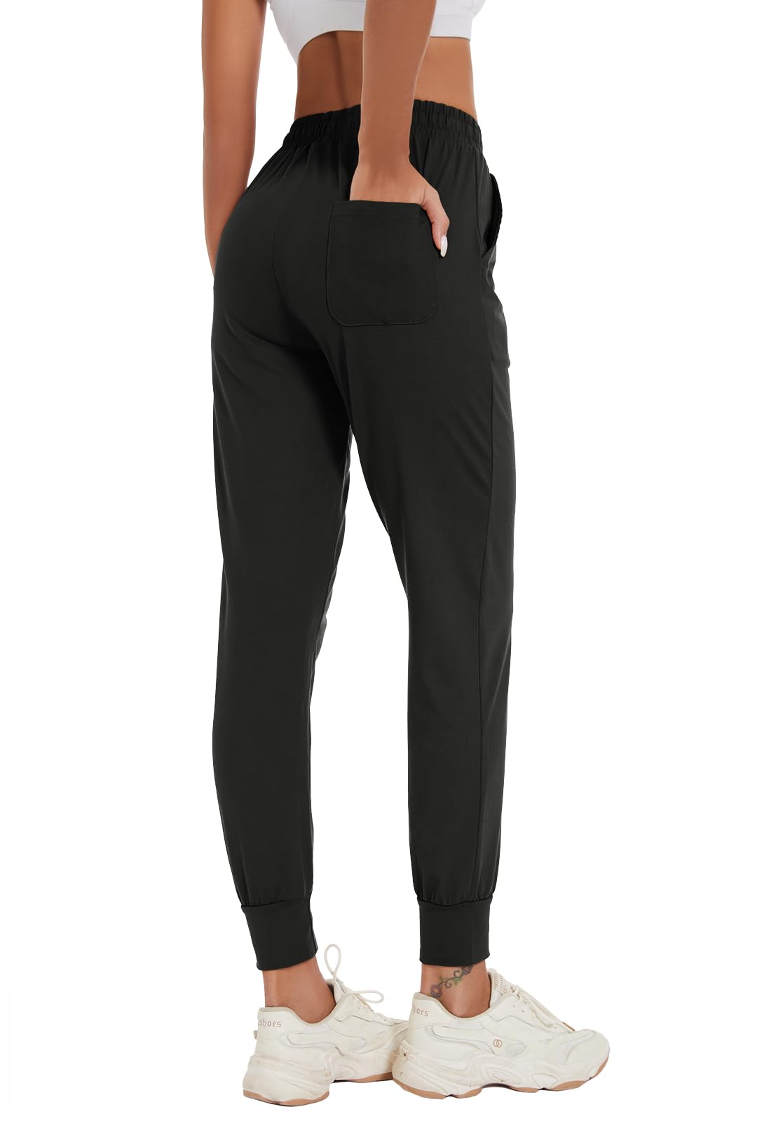 BATHRINS Women Tapered Joggers with Pockets – Casual Yoga High Waist Sweatpants Black