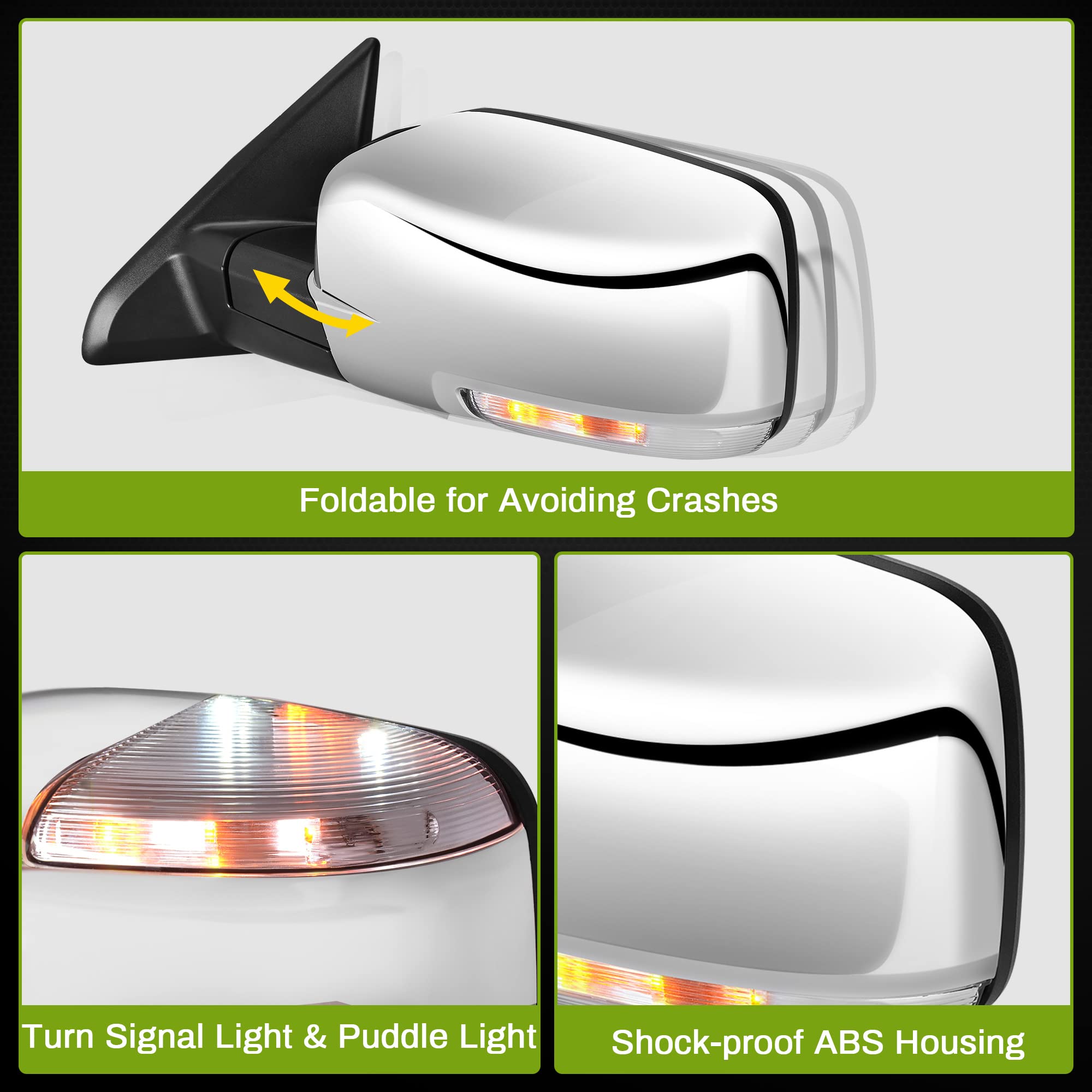 AUTOSAVER88 Towing Mirror Compatible with Dodge Ram 2009-2018 Full Size Right and Left Side Power Heated Non-Towing W/Signal and Puddle Light Folding Wing Mirror
