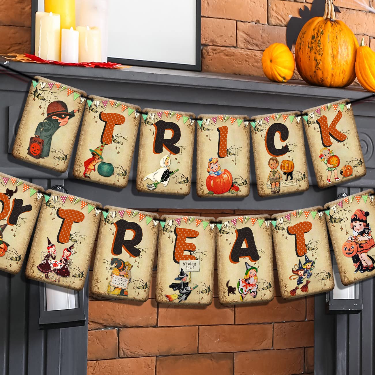 Halloween Holiday Decorations Trick or Treat Banner, Vintage Style Pumpkin Retro Halloween Card Garland Hanging Banner Home Decor Bunting Flag Garland - Halloween Party Decorations/Sign/Party Supplies